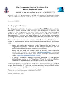 Cover Letter – Feedback on Principles & Values | First Presbyterian ...